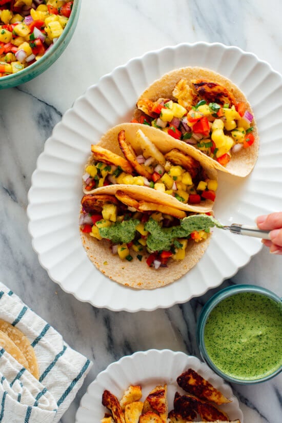 Halloumi Tacos with Pineapple Salsa & Aji Verde - Cookie and Kate